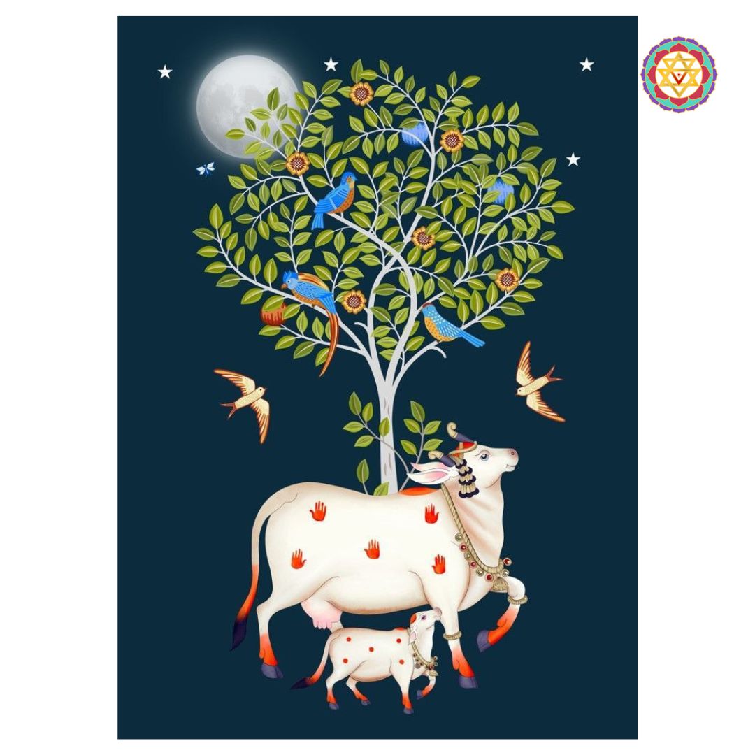 Hand-Painted Pichwai Painting of Rajasthan– Cow and Calf Under Tree of ...