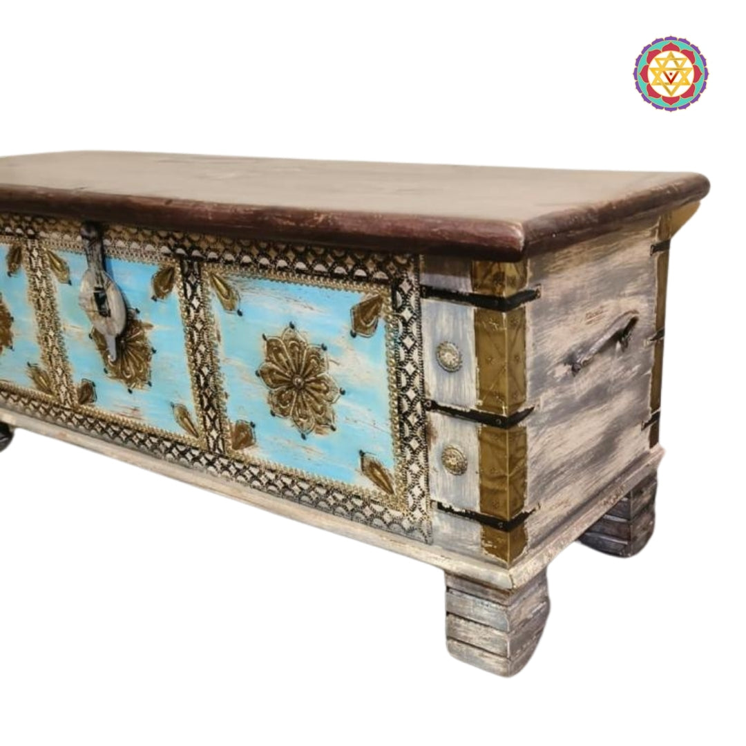 Vintage Blue Wooden Trunk with Brass Work | Pretty Homes India