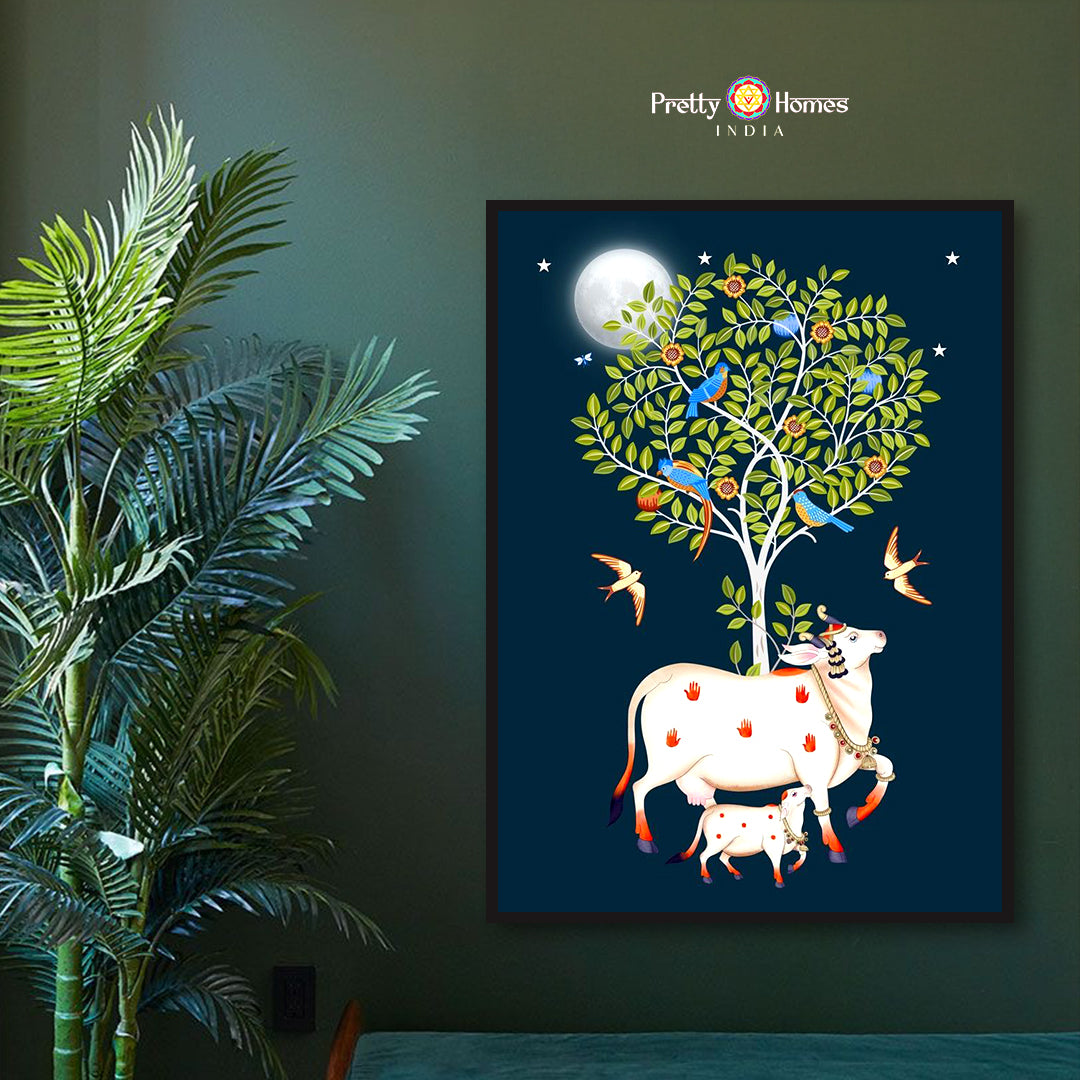 Hand-Painted Pichwai Painting of Rajasthan– Cow and Calf Under Tree of ...